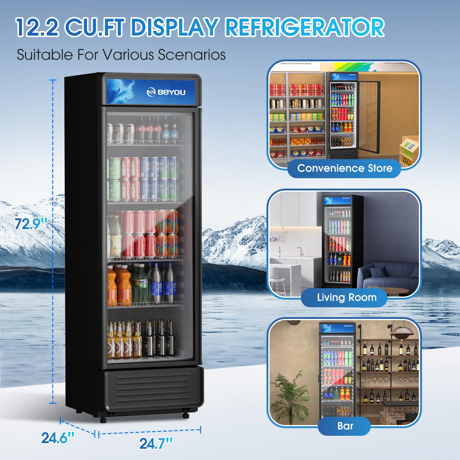 BEYOU Commercial Refrigerator, 12.2 cu. Ft Upright Beverage Display Merchandiser with single Glass Door, Drink Cooler for Living Room,Bar,Garage(Black)