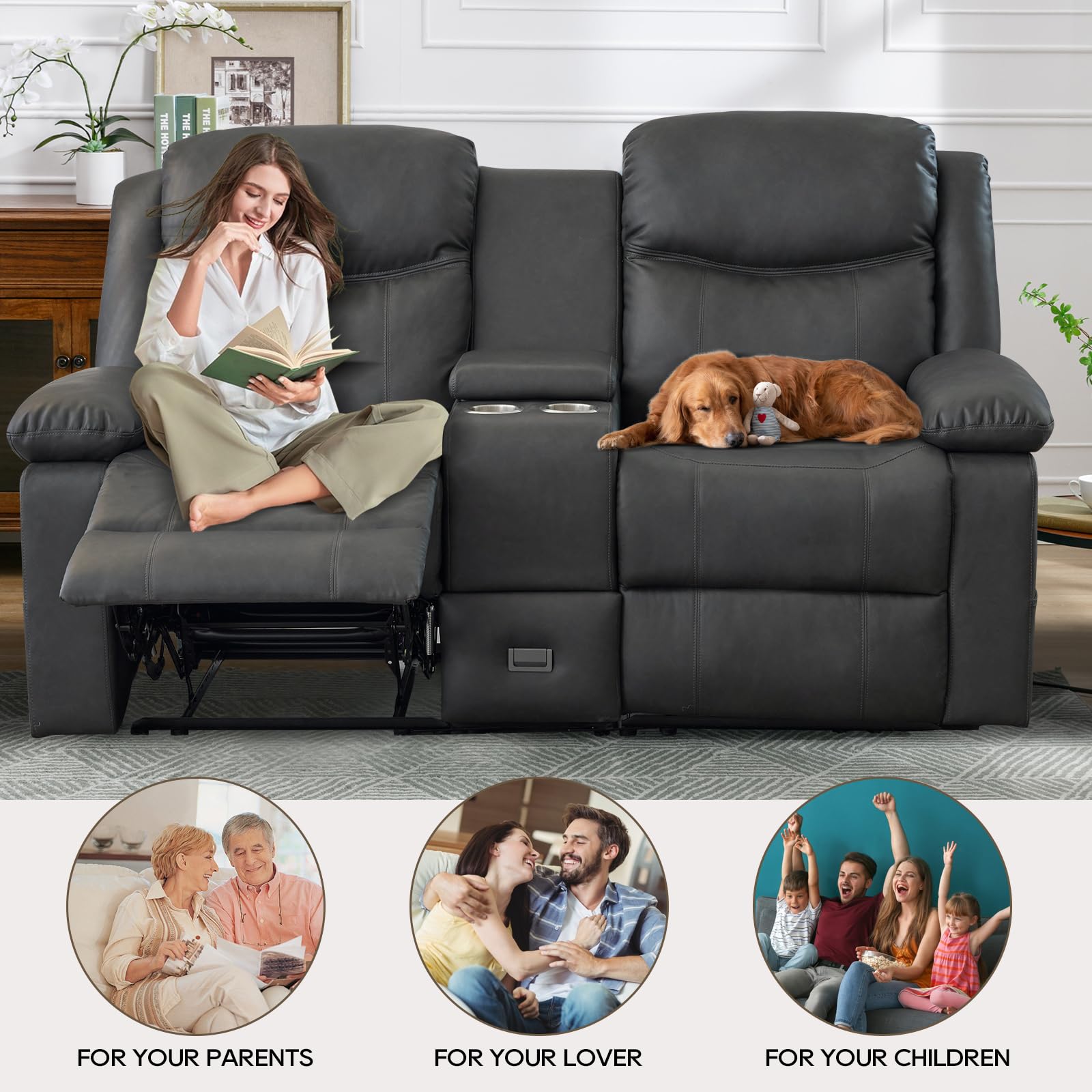 BAIJIAWEI B Loveseat Recliner, Reclining Loveseat with Console, Double Reclining Loveseat, 2 Seater Manual Reclining Couch for Living Room, Office, Home Theater(PU-Grey)