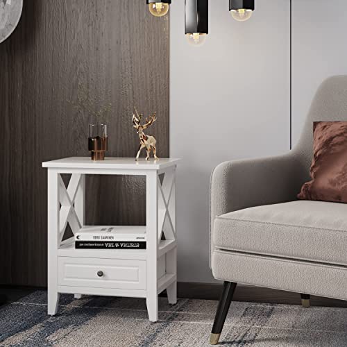 Catrimown White Nightstands Set of 2 End Table with Drawer and Storage Shelf, End Table Set of 2 White Nightstand Bedside Table with X-Shape Sides Nightstand End Table for Bedroom Living Room, White