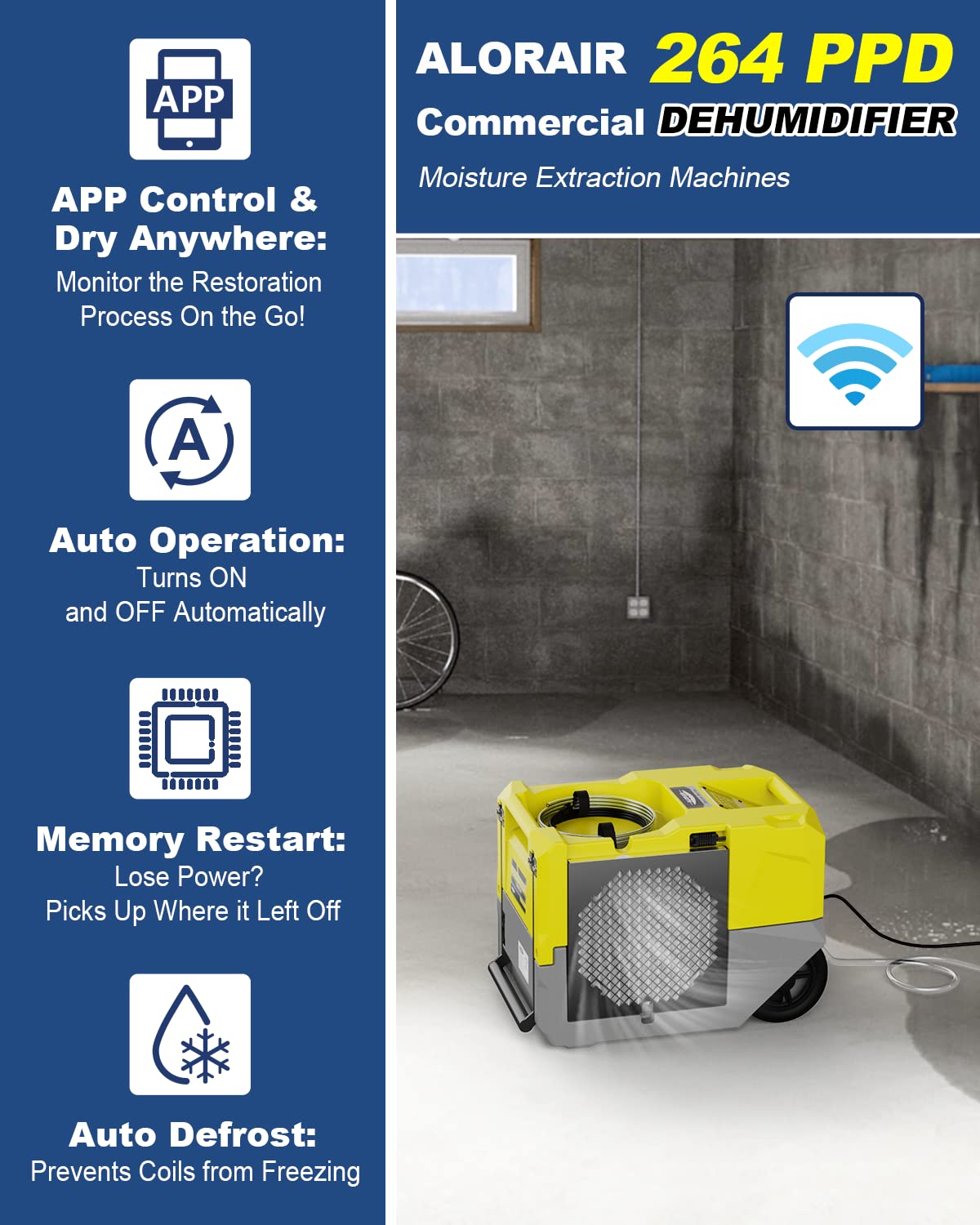 ALORAIR Smart WiFi Dehumidifier, 264 PPD High Performance, Commercial Dehumidifier with Pump, Compact, Portable, Industrial dehumidifier for Disaster Restoration, Yellow