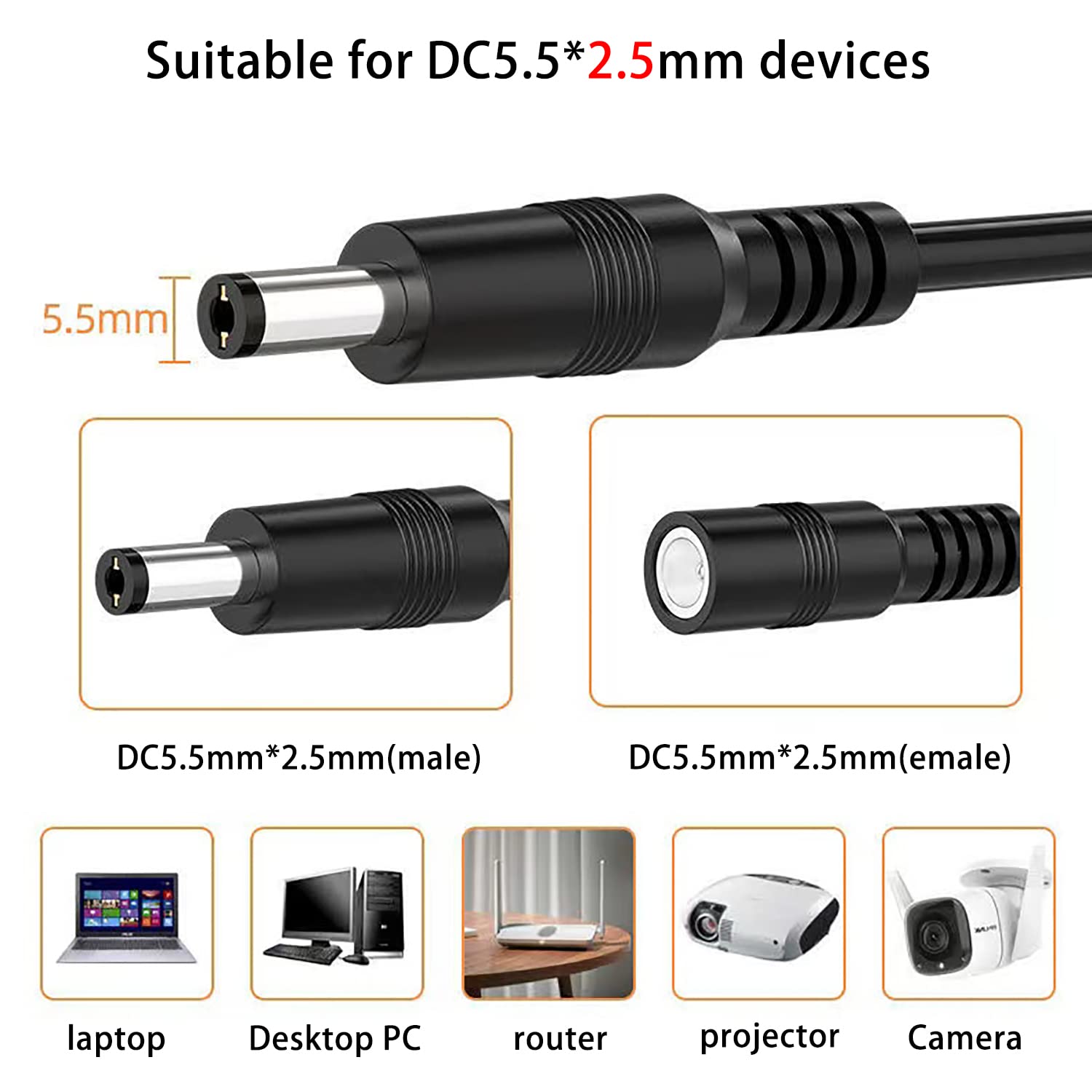 AWG 18 dc Power Extension Cable 10ft (3M) 5.5mmx2.5mm 5V 12V 24V Power Supply Adapter CCTV Security Wireless IP Camera Dvr Standalone LED Strip,Car Male to Female Plug Cable White 3M