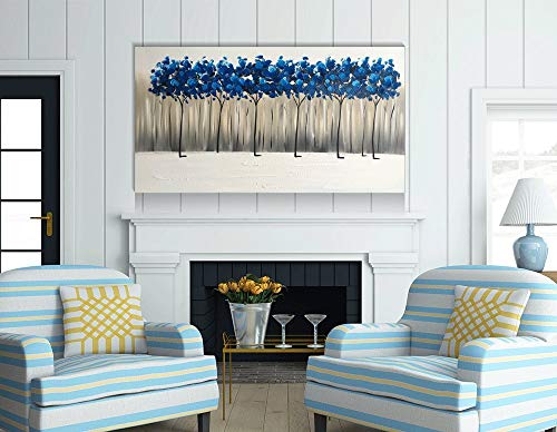 Yihui Arts Landscape Painting Abstract Tree Canvas Art Handpainted Indigo Blue Forest Pictures Artwork for Living Room Bedroom Wall Decor (20Wx40L)