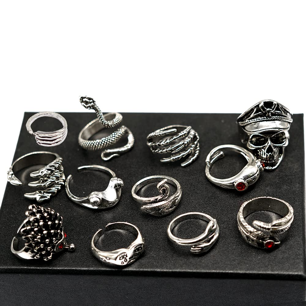 ASHMITA 12 PCS Silver Frog Ring Set Cute Animal Adjustable Rings Vintage Pairing Ring Snake, Hug, Lucky Face Eagle Claw Ring Gifts for Women Men