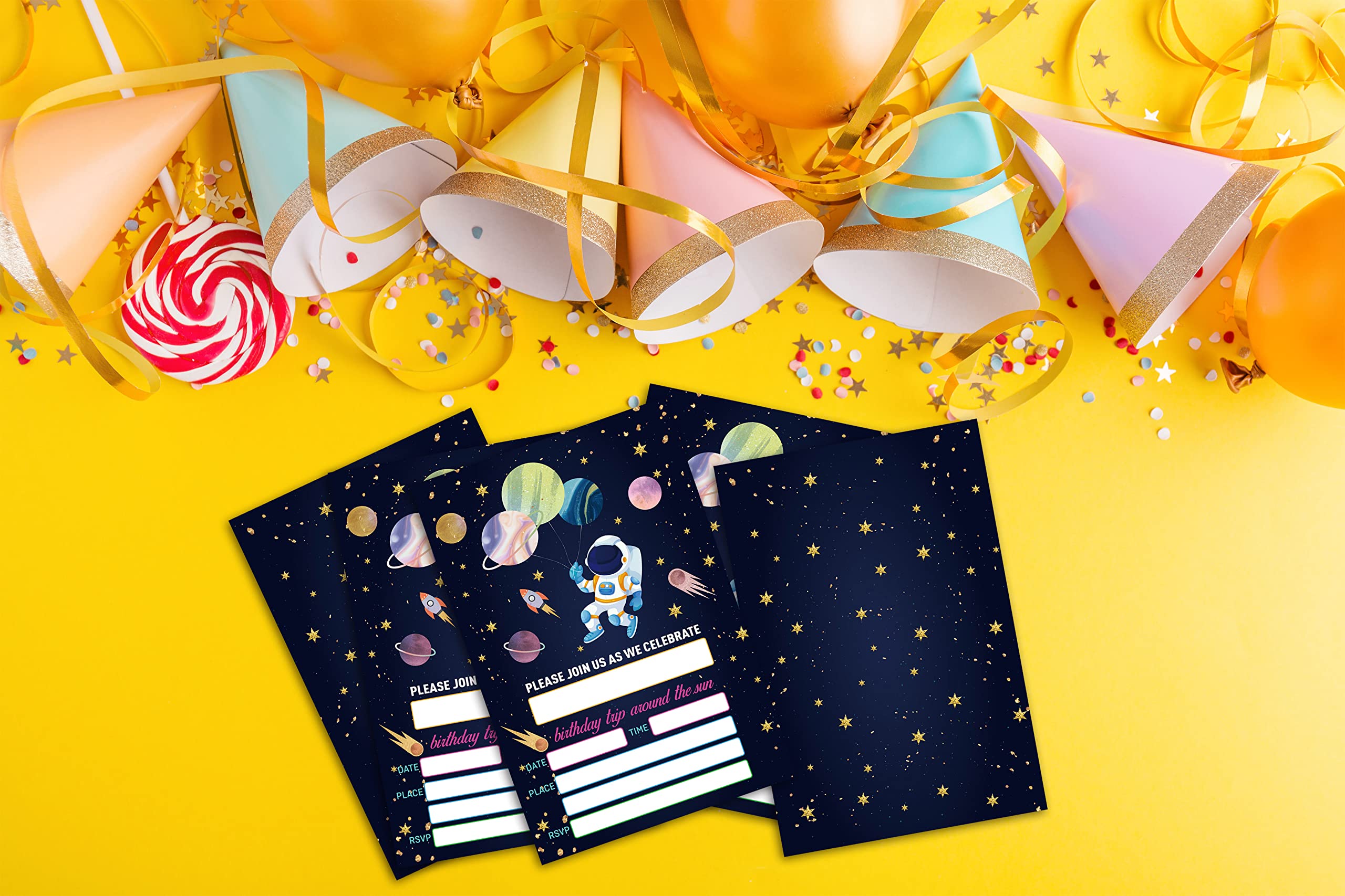 Disfuco Outer Space Birthday Party Invitations - Galaxy Space Party Supplies - Fill in The Blank Birthday Party Invites - 20 Invitation Cards With 20 Envelopes (B10)