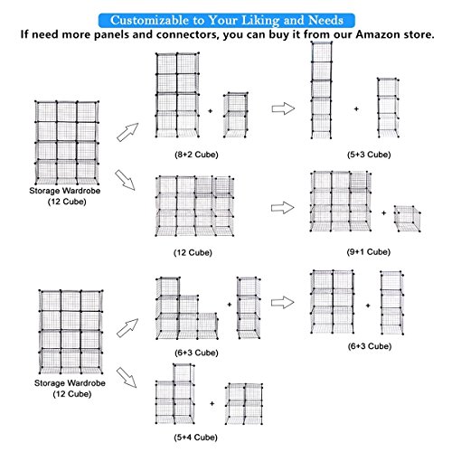 UNICOO - 14 * 14 Inch Big Cube Multi Use DIY 12 Cube Wire Grid Organizer, Bookcase, Bookshelf, Storage Cabinet, Wardrobe Closet,Toy Organizer, Wire Cube Storage- (Black Wire)