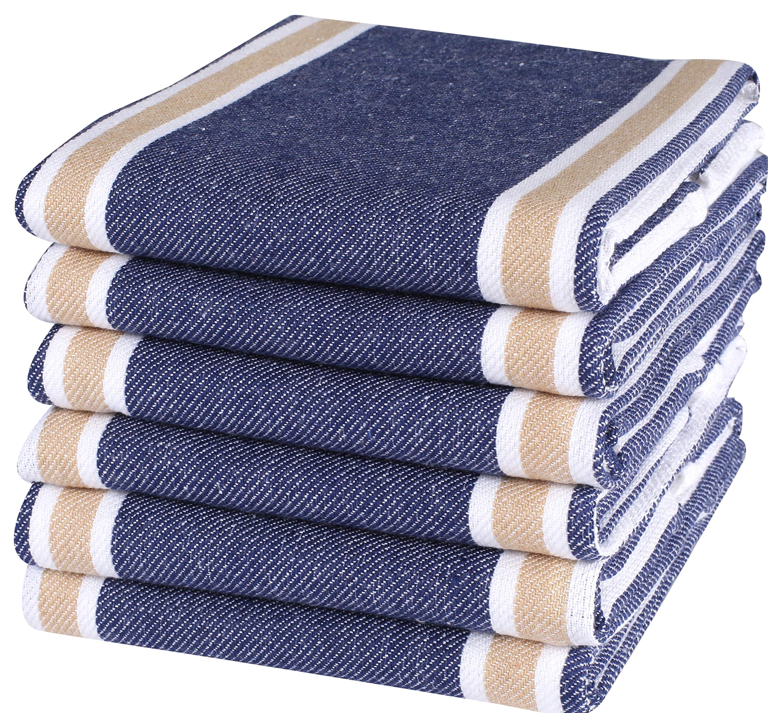Bedding Craft- Set of 6 Blue/Beige Waffle Stripe Kitchen Towel – Absorbent Cotton Dishcloths for Drying Dishes, Farmhouse Kitchen Decor, Bar Towels, and More