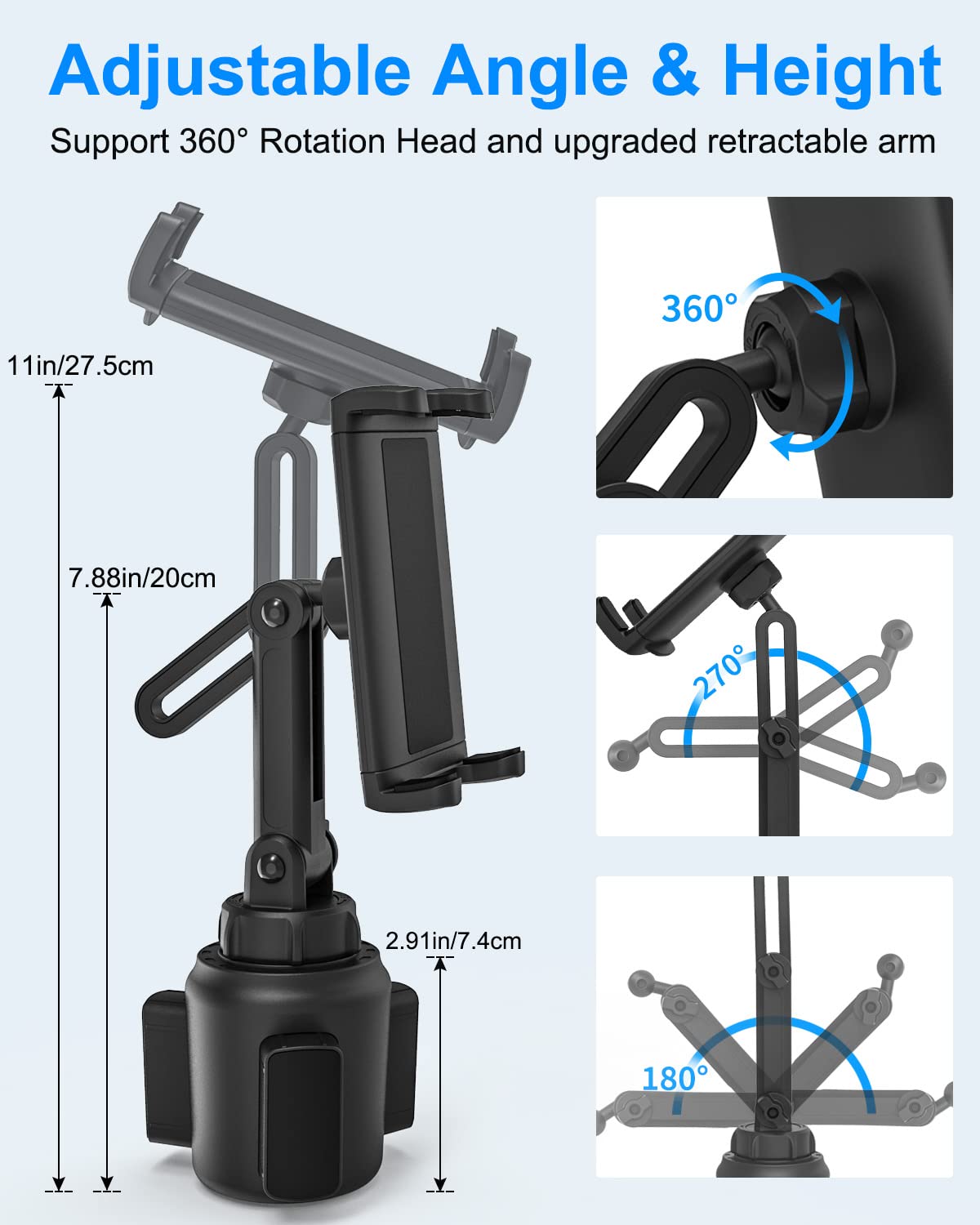 Car Cup Holder Tablet Mount for iPad, Multi-Angle Adjustable Truck Cup Mount Tablet Holder, Sturdy Vehicle Cup Stand Phone Cradle for iPad 12.9 Pro Air Mini, Galaxy Tabs, iPhone, 4-13" Tablets