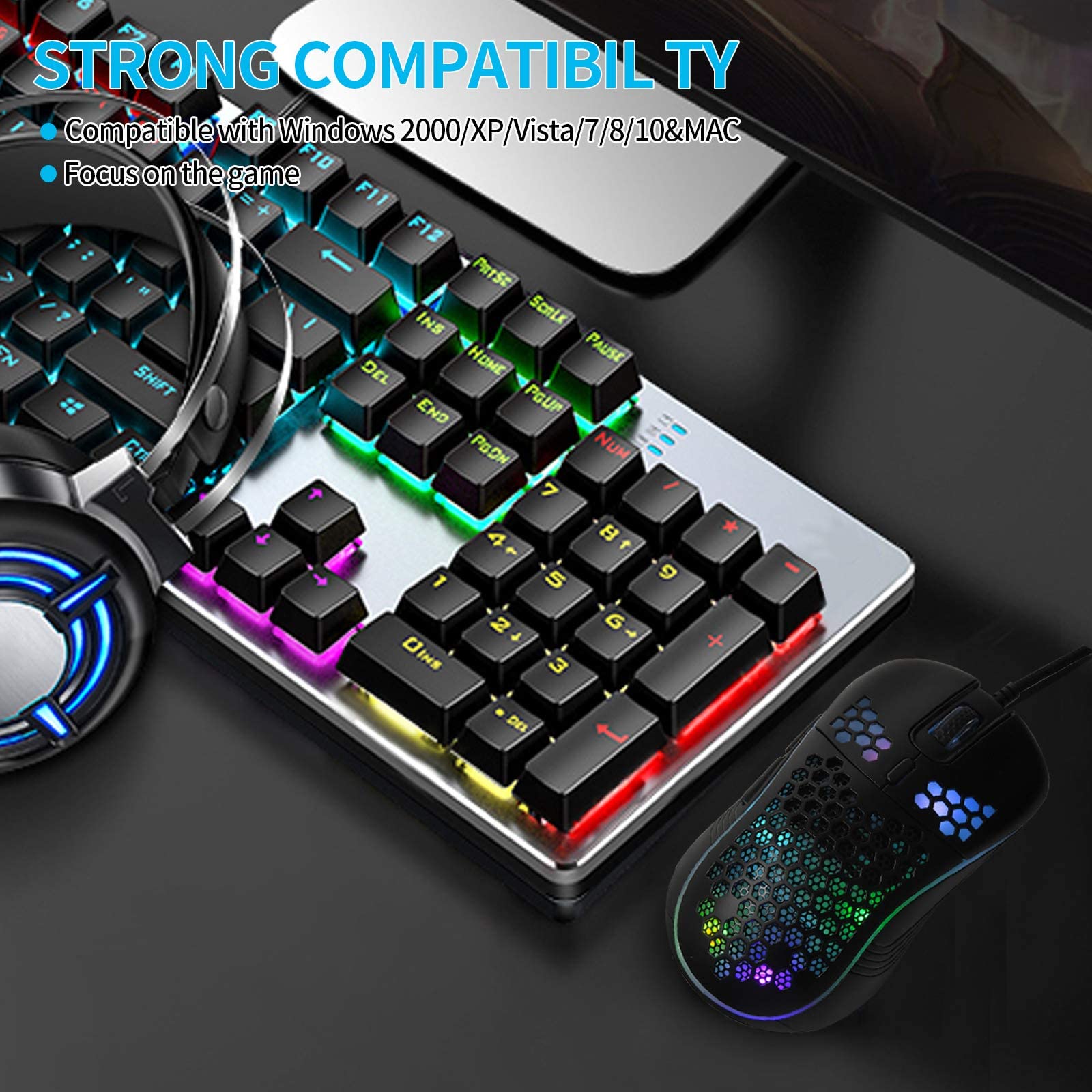 Honeycomb Wired Gaming Mouse, RGB Backlight and 7200 Adjustable DPI, Ergonomic and Lightweight USB Computer Mouse with High Precision Sensor for Windows PC & Laptop Gamers (Black)