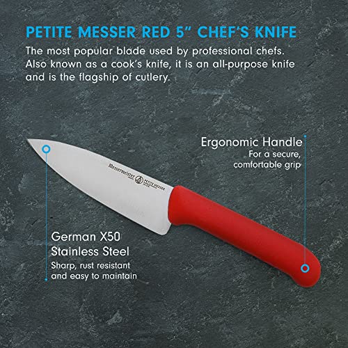Messermeister Petite Messer 5” Chef’s Knife, Red - German 1.4116 Stainless Steel & Ergonomic Handle - Lightweight, Rust Resistant & Easy to Maintain