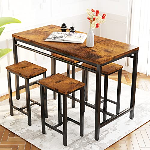Lamerge Dining Bar Table Set for 4, Modern Counter Height Table and 4 Bar Stools, 5 Piece Bar Table and Chairs Set for Small Spaces, Apartment, Pub, Dining Room, Kitchen (Rustic Brown)