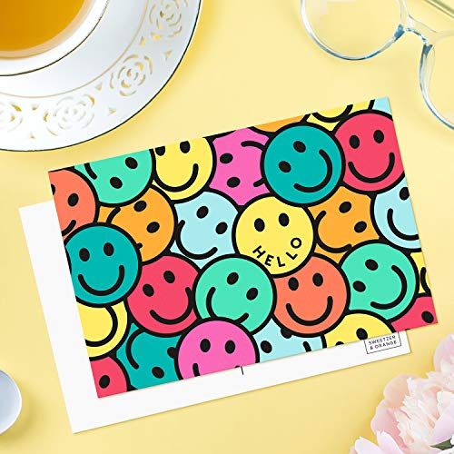 Sweetzer & Orange Hello Postcards Pack (60 Post Cards) 4x6 Postcards for Kids and Adults. 300gsm Note Cards. Blank Hello Greeting Cards, Smiley Face Hello Cards