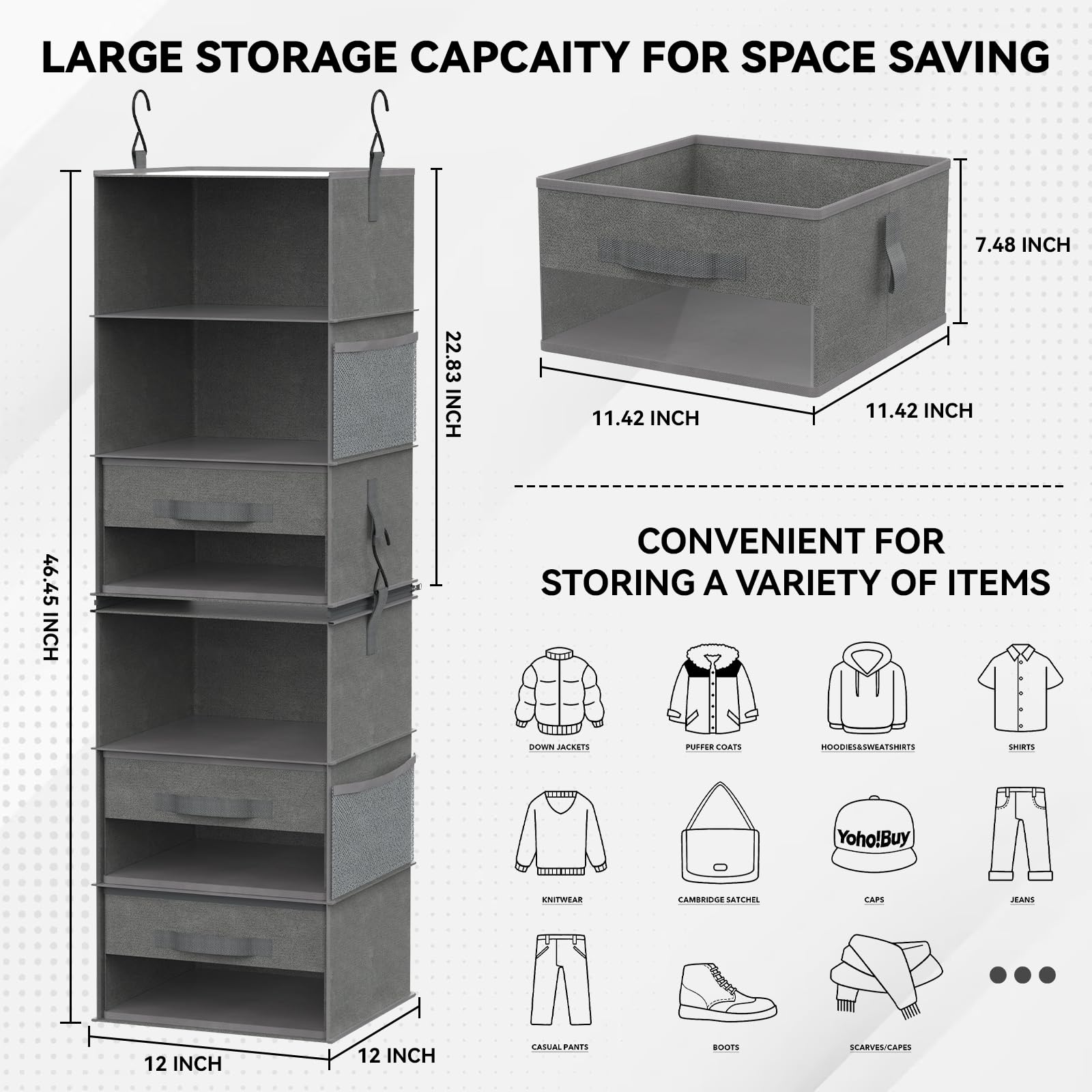 CHILIGO 6-Shelf Hanging Closet Organizer and Storage, Foldable Closet Hanging Organizer, Two 3-Shelf Separable Closet Hanging Shelves with 3 Transparent Drawers 4 Side Pockets