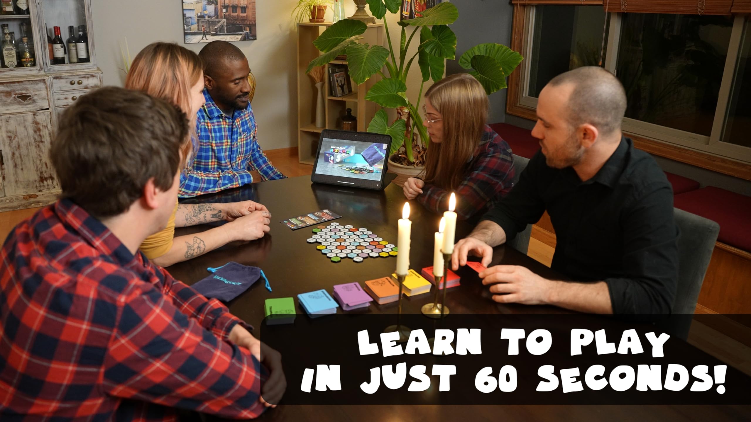 Hexaquest: Strategic Trivia Board Game - 1500 Questions, 6 Categories, 65 Hexagon Tiles, Luxury Bag - Quick to Learn