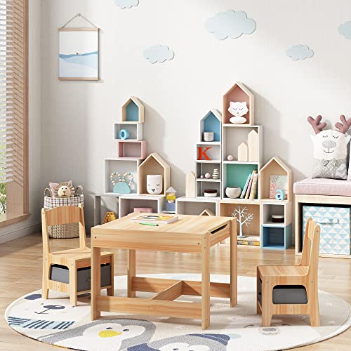 Nyeekoy 3 in1 Multifunctional Wood Table and 2 Chairs Set, White and Gray Children Activity Desk for Toddlers Playing, Drawing, Reading