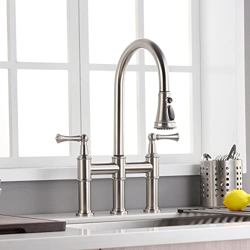 ARRISEA Heritage Bridge Kitchen Faucet with Pull-Down Sprayhead 2 Handle 8 Inch Faucet for Kitchen Sinks 3 Hole Install Kitchen Sink Faucet Fingerprint Resistant Spot Free Brushed Nickel