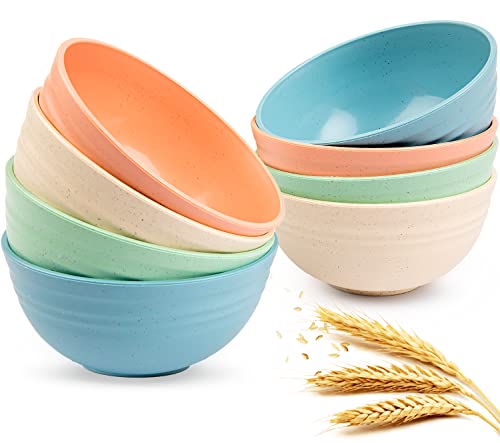 KUCHEEZE Plastic Bowls Reusable[Set of 8] 24 OZ Dishwasher & Microwave Safe Bowls. Colored Cereal Bowl Set - Unbreakable, Lightweight Plastic Cereal Bowls for Kitchen use for Noodles, Pasta, Soup bowl
