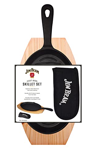 Jim Beam JB0159, Heavy Duty Construction, Pre Seasoned Cast Iron Skillet with Wooden Base and Mitt, Black,Small