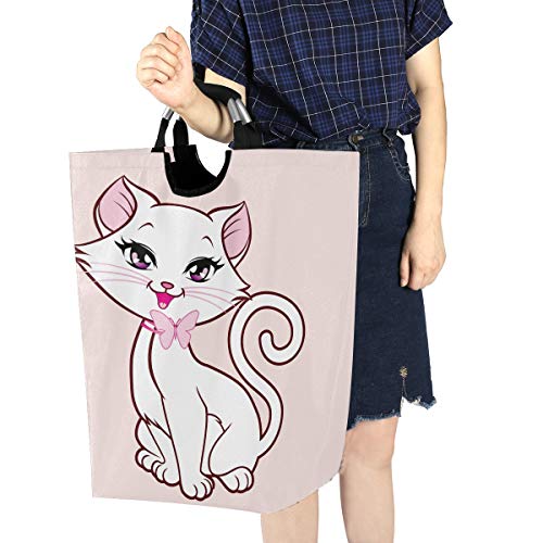 Kaariok Pink Cute Cat Kitten Animal Laundry Hamper with Handles Waterproof Collapsible Storage Basket Large Dirty Clothes Bin for Laundry Room, 22.7 Inches
