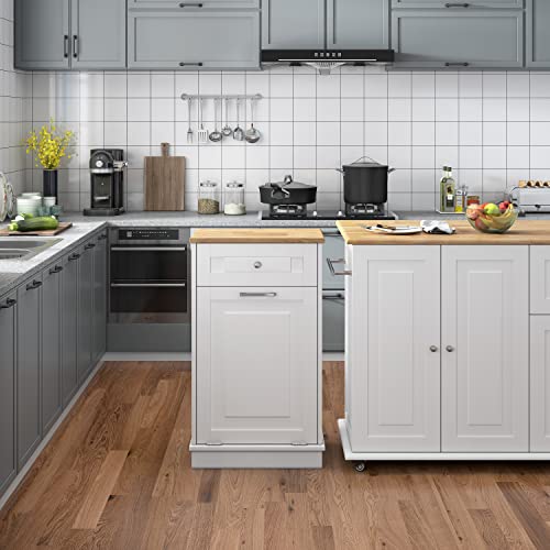 Goodyo Tilt Out Kitchen Trash Can Cabinet Wooden Trash Can Holder, Oak Top ,White w/ Drawer