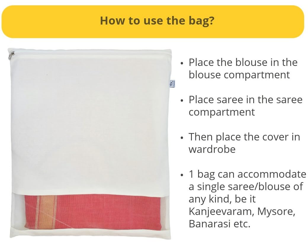 Clarkia Reusable Cotton Saree Cover with Blouse compartment big size for Storage, Wardrobe Organizer bags saree bags cotton (17x17 inches, Beige) (12)