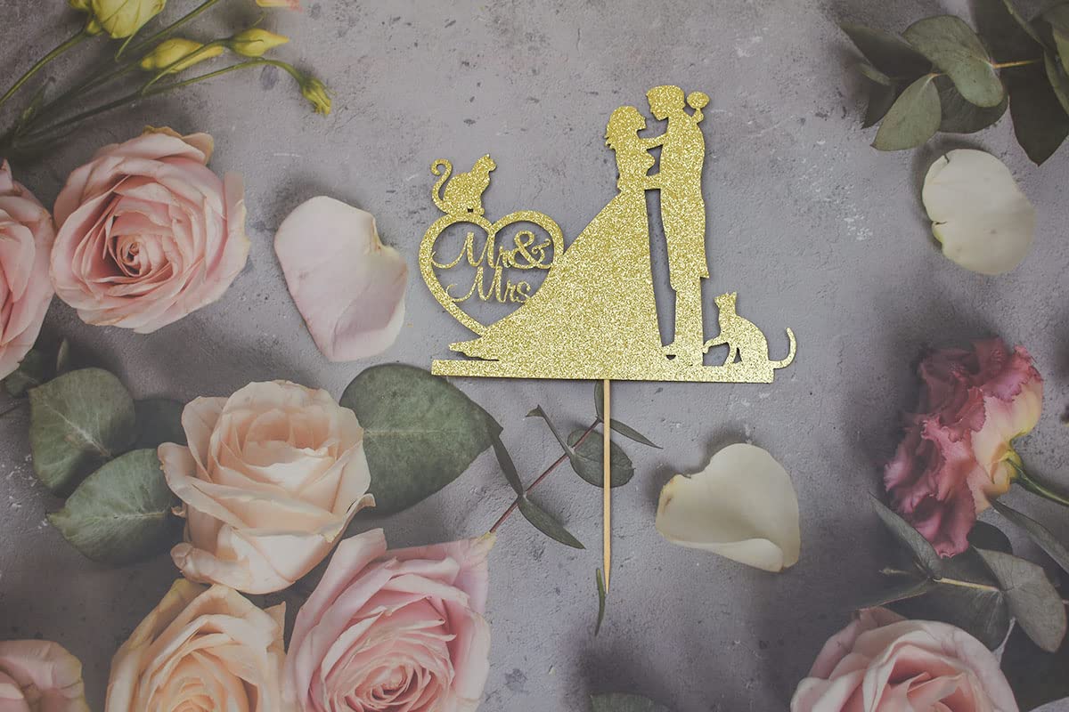 Mr and Mrs Cake Topper, Bride and Groom with Cats Silhouette Wedding Cake Decors, Cats Pet Party Decorations, Gold Glitter