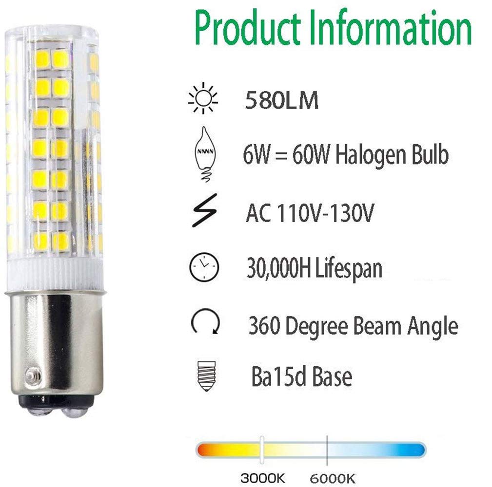 Ba15d LED Light Bulbs Double Contact Bayonet Base, 6W 120v 60W Equivalent Halogen Bulbs, Dimmable Sewing Machine Lamp 4 Pack (BA15D White 6000K)