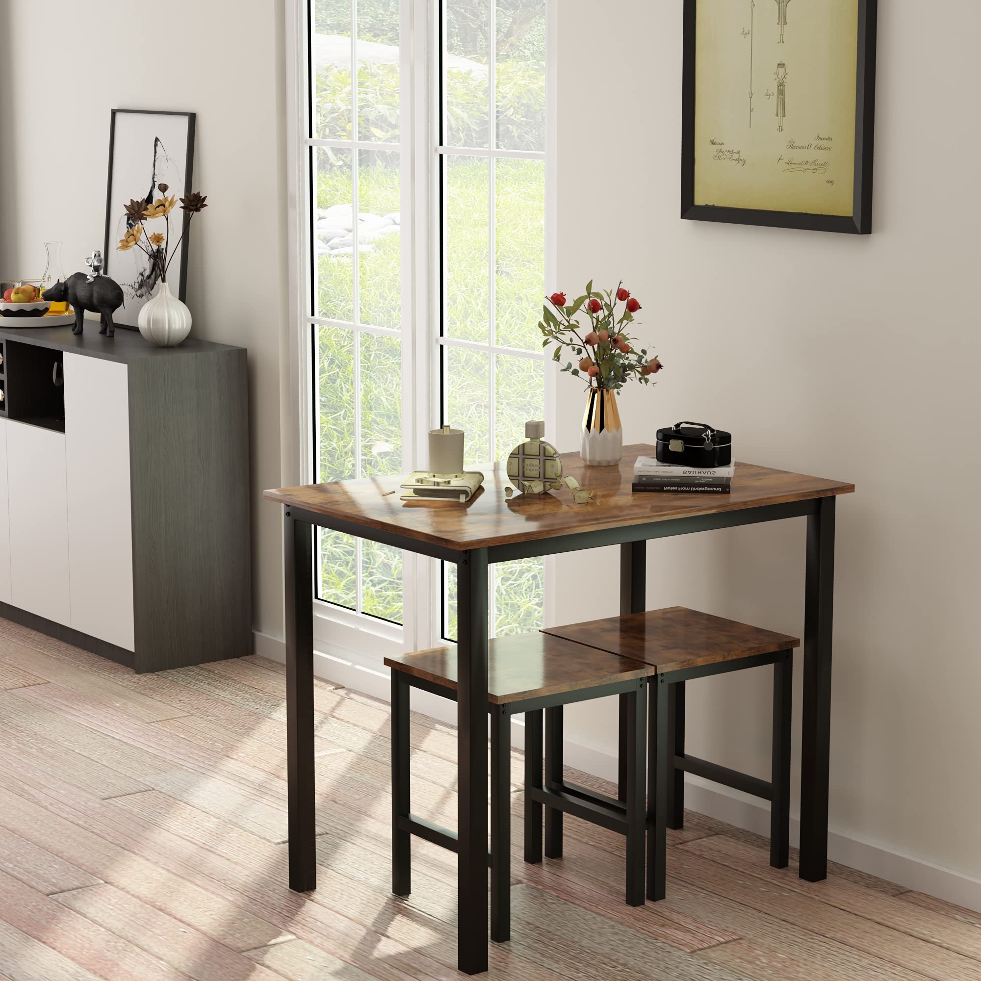 AWQM 3 Piece Dining Set, Small Dining Table and 2 Stools, Kitchen Breakfast Dining Table Set, Breakfast Table of 35.43 x 23.62 x 29.92 inches, Stools of 13.8 x 13.8 x 17.8 inches, Rustic Brown