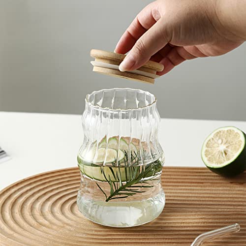 KWQBHW 2 Pack Drinking Glasses with Bamboo Lids and Glass Straw 17oz Creative Ripple Bobo Cup New Glass Tumbler Cups for Iced Coffee Soda Beer Juice Tea