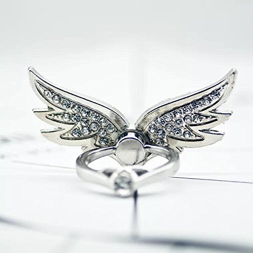 Universal 360 Degree Rotating Finger Ring Stand Holder Kickstand for Cell Phone iPhone Tablet iPad - Crystal Angel Wings (Silver)