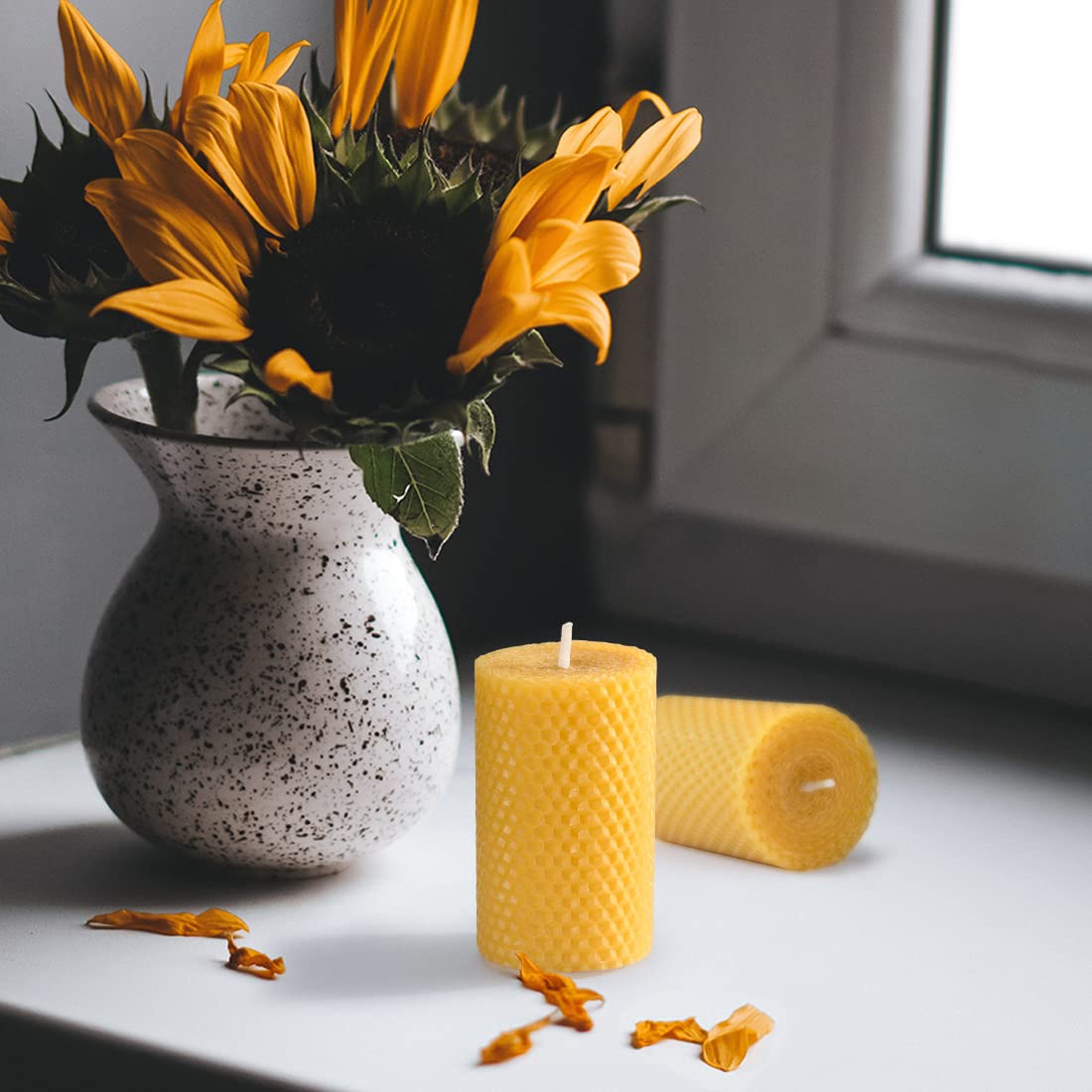 Beeswax Pillar Candles Set of 6 - Handmade Pure Beeswax Rolled Candles for Gift & Home Decor (2×3.4 in)