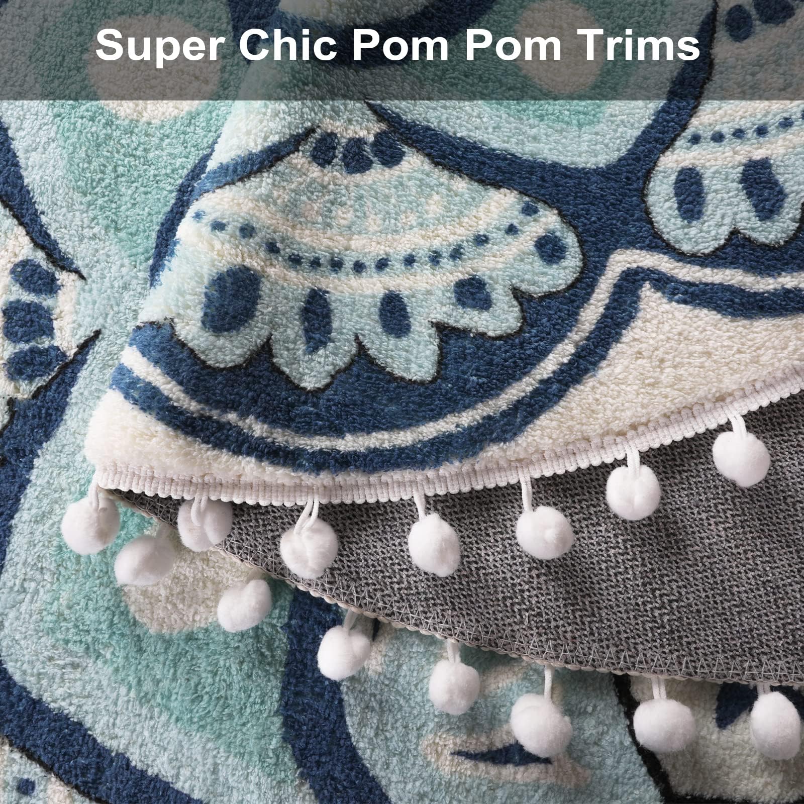 Uphome Small Round Rug 2.3ft Blue Boho Bathroom Rugs with Pom Pom Fringe Non-Slip Washable Mandala Circle Bath Mat Soft Cute Bohemian Throw Rug for Bedroom Sink Dorm Powder Room