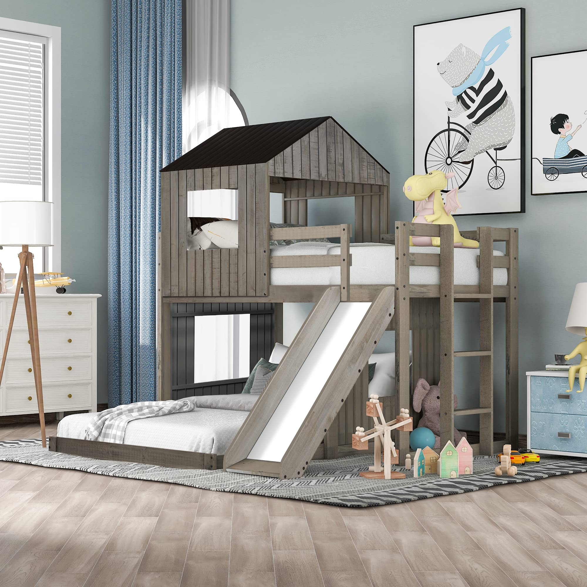 Harper & Bright Designs Twin Over Full Bunk Bed Frame, Solid Wood House Bunk Bed with Roof, Window, Guardrail and Ladder,Floor Bunk Beds Twin Over Full Size for Kids, Teens, Boys & Girls (White)