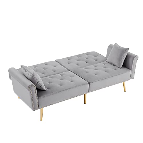 Kakotito Tufted Velvet Sofa Bed Sleeper with 2 Pillows, Luxury Loveseat Couch, Splitback Futon for Living Room & Office, Convertible Futon with Vintage Nailhead Trim and Metal Legs (Gray)