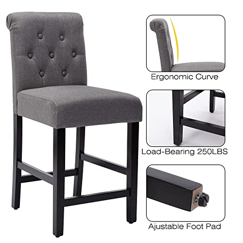GOTMINSI Bar Stools for Kitchen Island 24 Inches, Set of 4 Fabric Barstools Upholstered Back Counter Height Bar Stools with Button Tufted Decoration Leisure Style Wooden Bar Chairs(Grey)