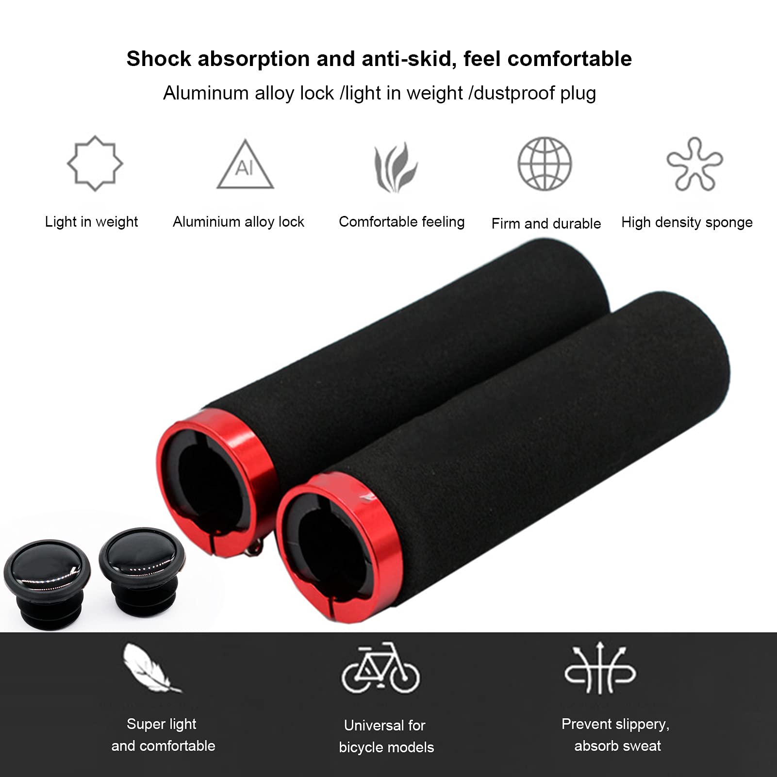 Bike Handle Grips Sponge Comfortable with Aluminum Alloy Lock Bike Grips Tool Cycling Accessory (Black red)