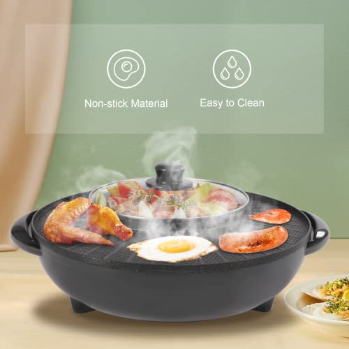 SNKOURIN Hot Pot with Grill 2 in 1, Multifunctional Smokeless Korean Barbecue Grill, Indoor Electric Hotpot Grill Combo, Capacity for 3-5 People, Non-stick Black 110v