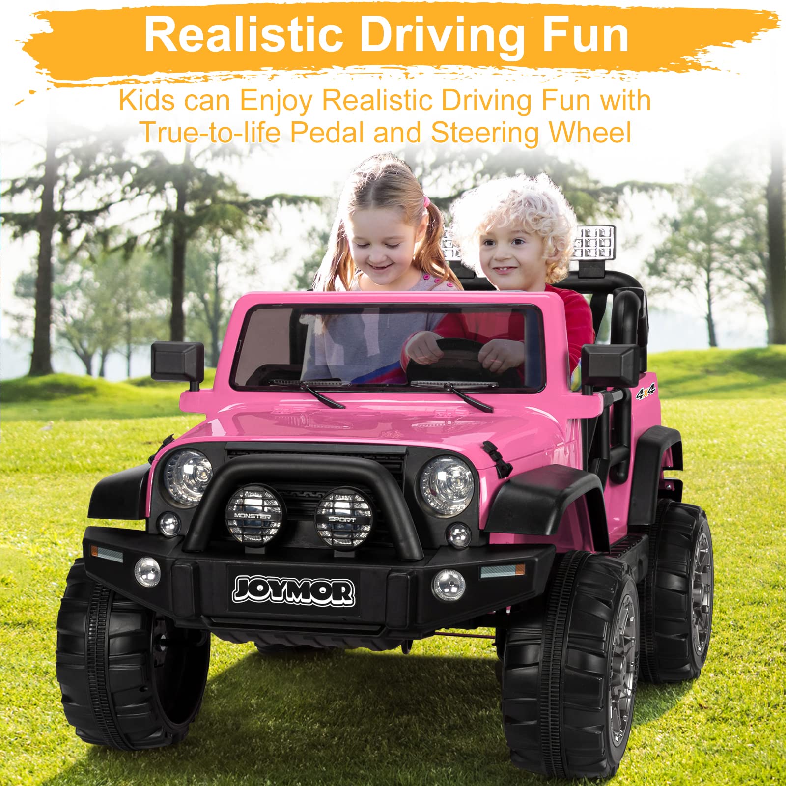 JOYMOR 2 Seat Ride on Truck, 12V Kids Electric Battery Powered Car with Remote Control, Motorized Toddler Vehicles Truck Toy, Adjustable Speeds, MP3 Player, LED, Horn (Two seat, Pink)
