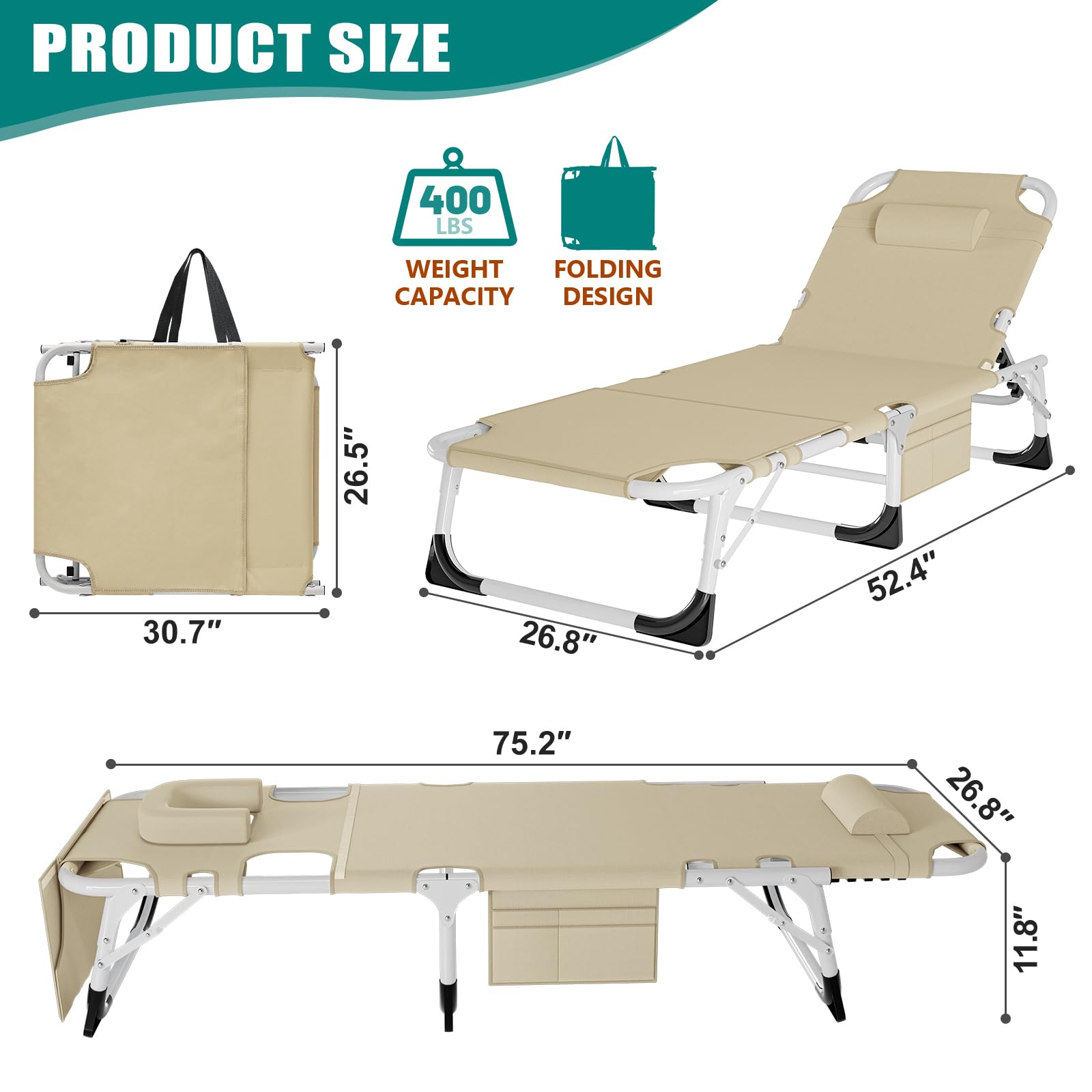 DoCred Folding Chaise Lounge Chair, Oversized Tanning Chair 5-Position Patio Chaise Lounge Beach Chair with Face Hole for Outside, Poolside, Beach, Lawn, Camping