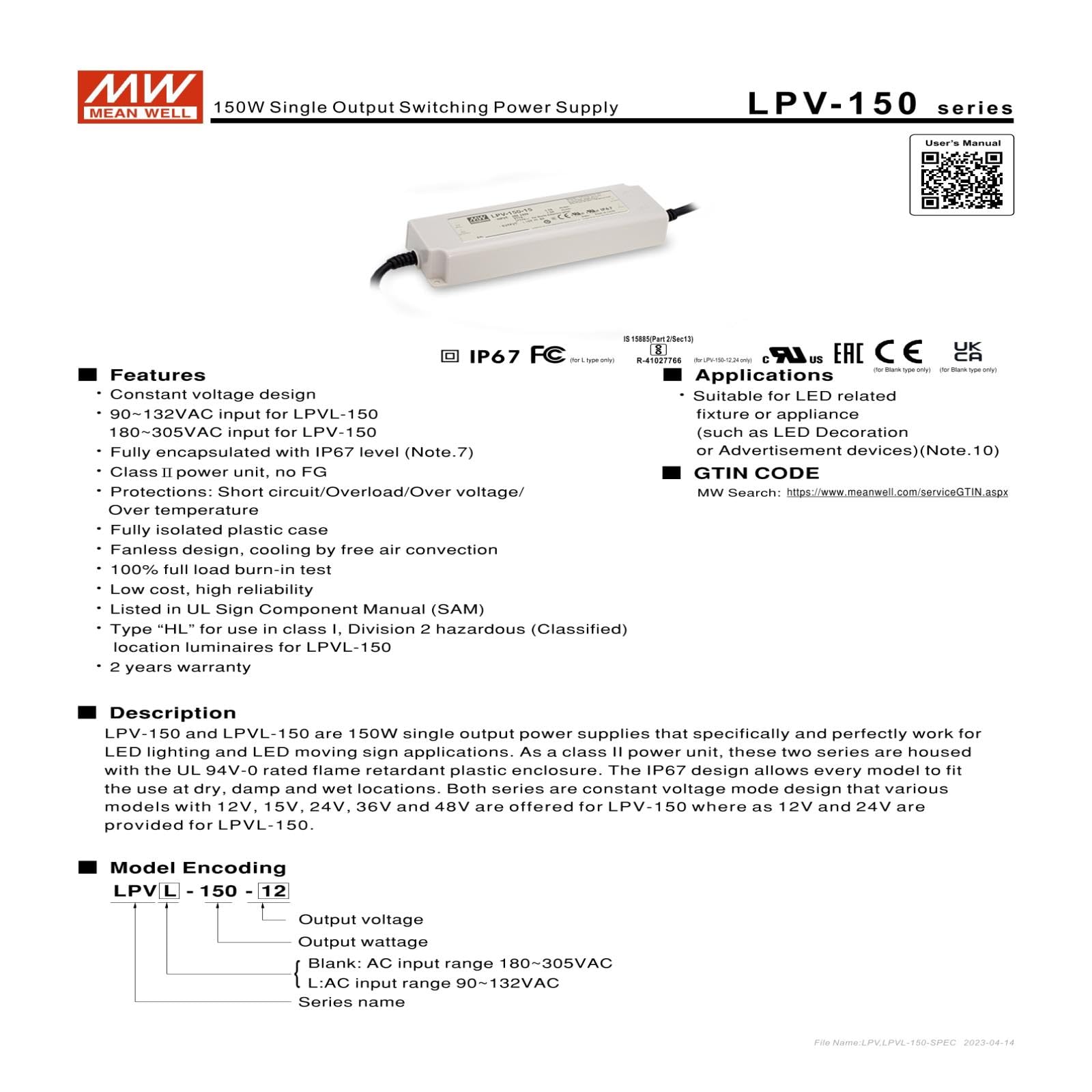Mean Well LPV-150 LPV-150-12 LPV-150-24 LPV-150-48 LPVL-150-12 LPVL-150-24 MEANWELL LPV 150 150W