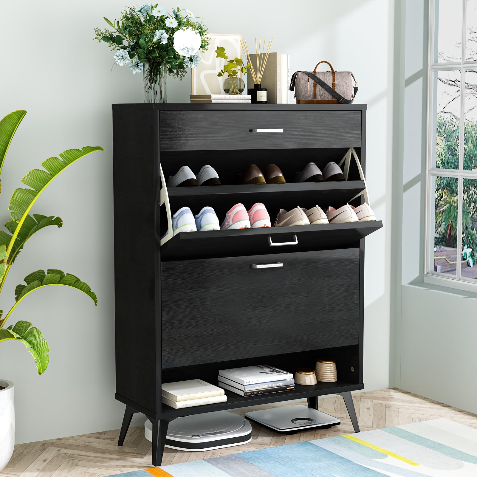 AWQM Shoe Cabinet, Improved Free Standing Shoe Storage Cabinet for Entryway, Modern Narrow Shoe Organizer Rack with 2 Flip Cabinets and Open Shelves- Black