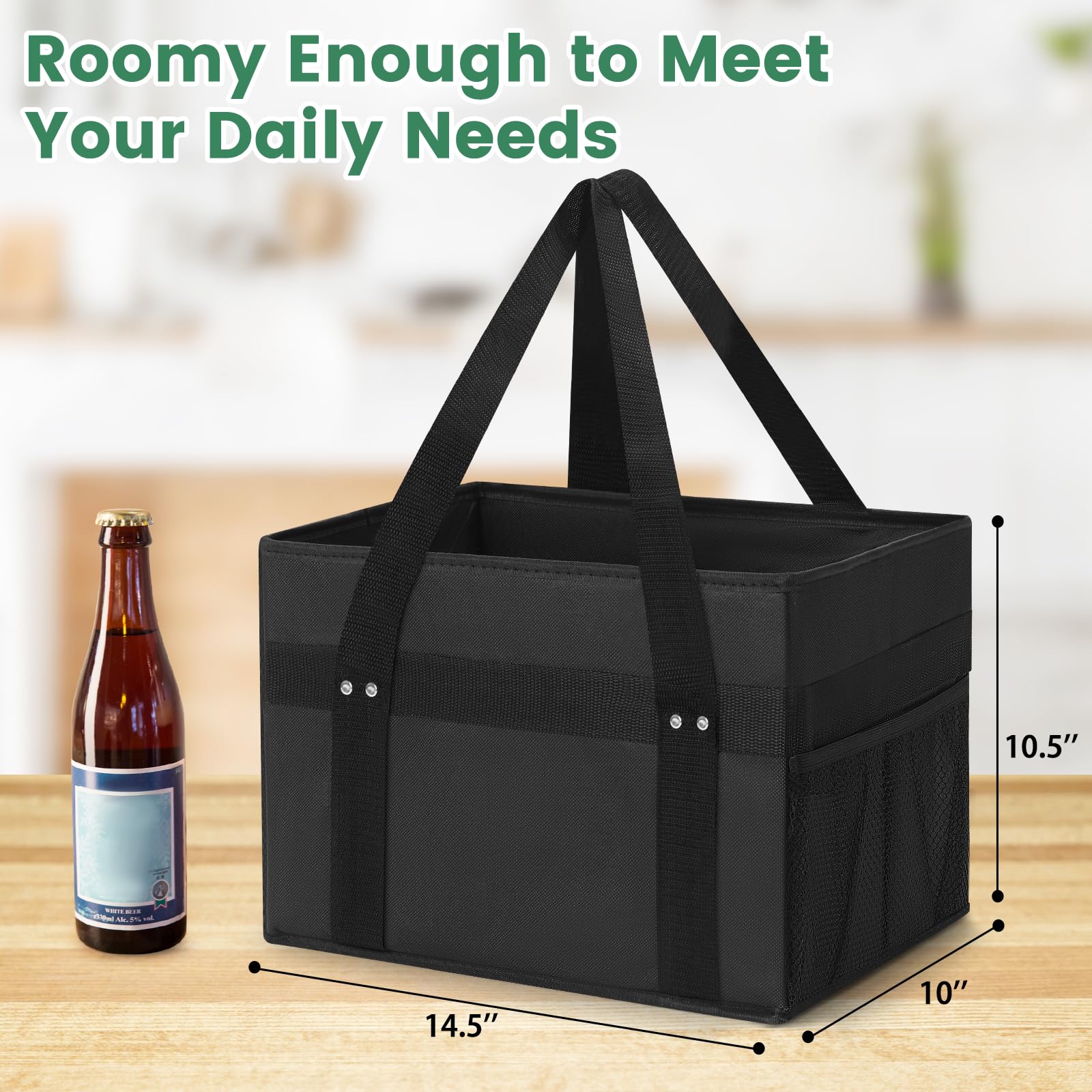Carbrea Reusable Grocery Bags - 3 Pack Foldable Shopping Bags with 2 Side Mesh Pockets Utility Tote Bag with Widened Webbing for Groceries Storage Shopping Picnic - Black