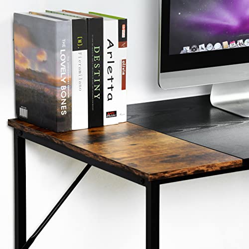 FurnitureR 55 inch Study Writing Table with Storage Shelves Space Saving for Home Office, Modern Style PC Metal Frame Computer Desk, Black&Brown