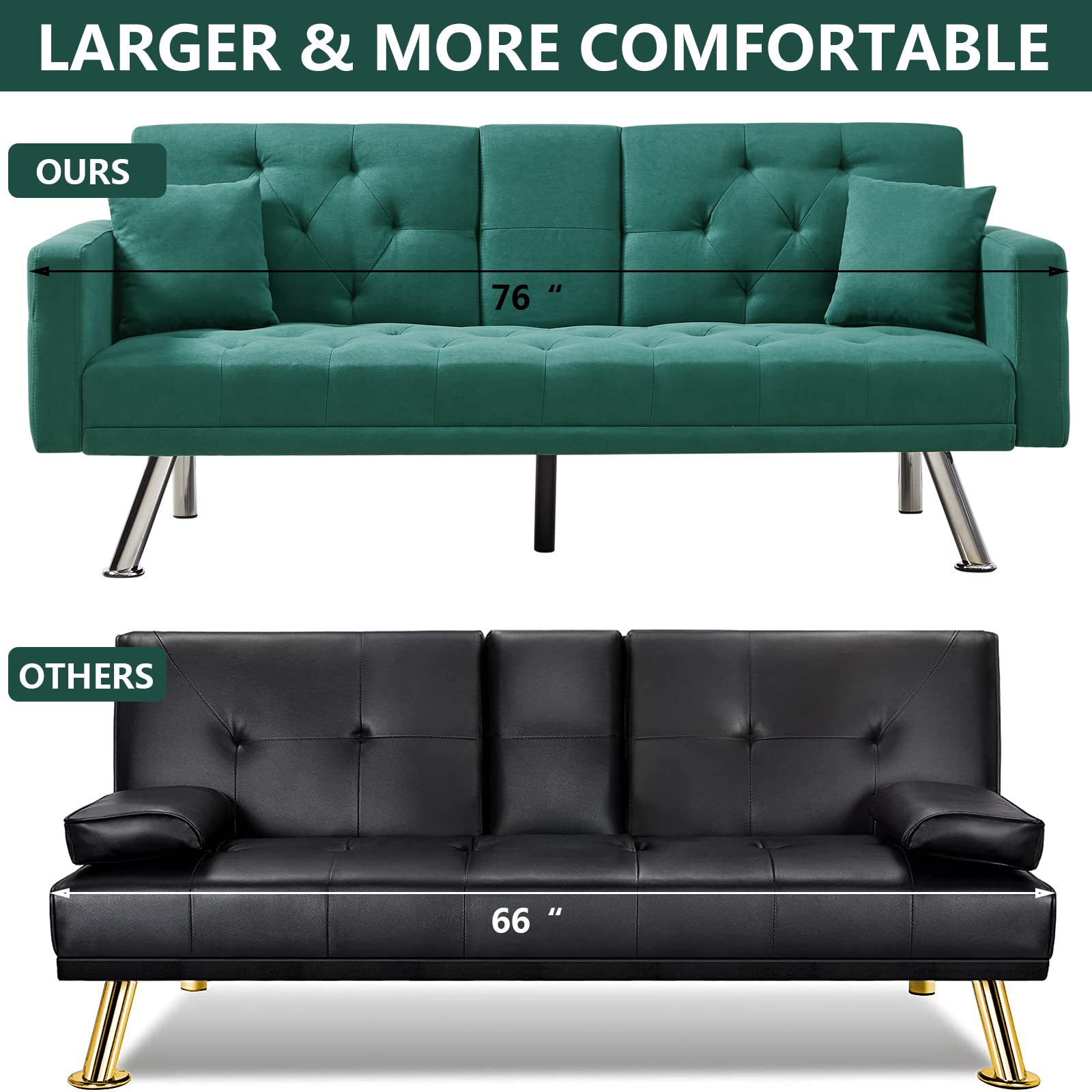 mikibama 76 Inch Futon Sofa Bed with Cup Holders, Linen Convertible Folding Futon Couch with Adjustable Backrest and Throw Pillows for Living Room, Tufted Sleeper Sofa with Metal Legs (Teal)
