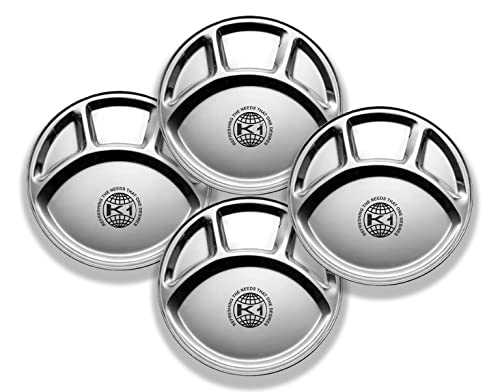 King International Stainless Steel Plates, Divided Indian Dinner Plate,Four Section Round Plates Set Of 4, 12'', Section Control Plate, Kids Plate, Indian Thali Plate