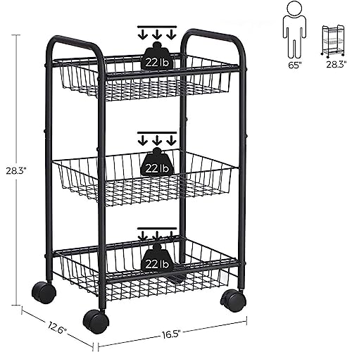 SONGMICS 3-Tier Metal Rolling Cart, Storage Cart with Removable Baskets, Utility Cart with Wheels and Handle, for Kitchen, Bathroom, Laundry Room, Black, UBSC03BK