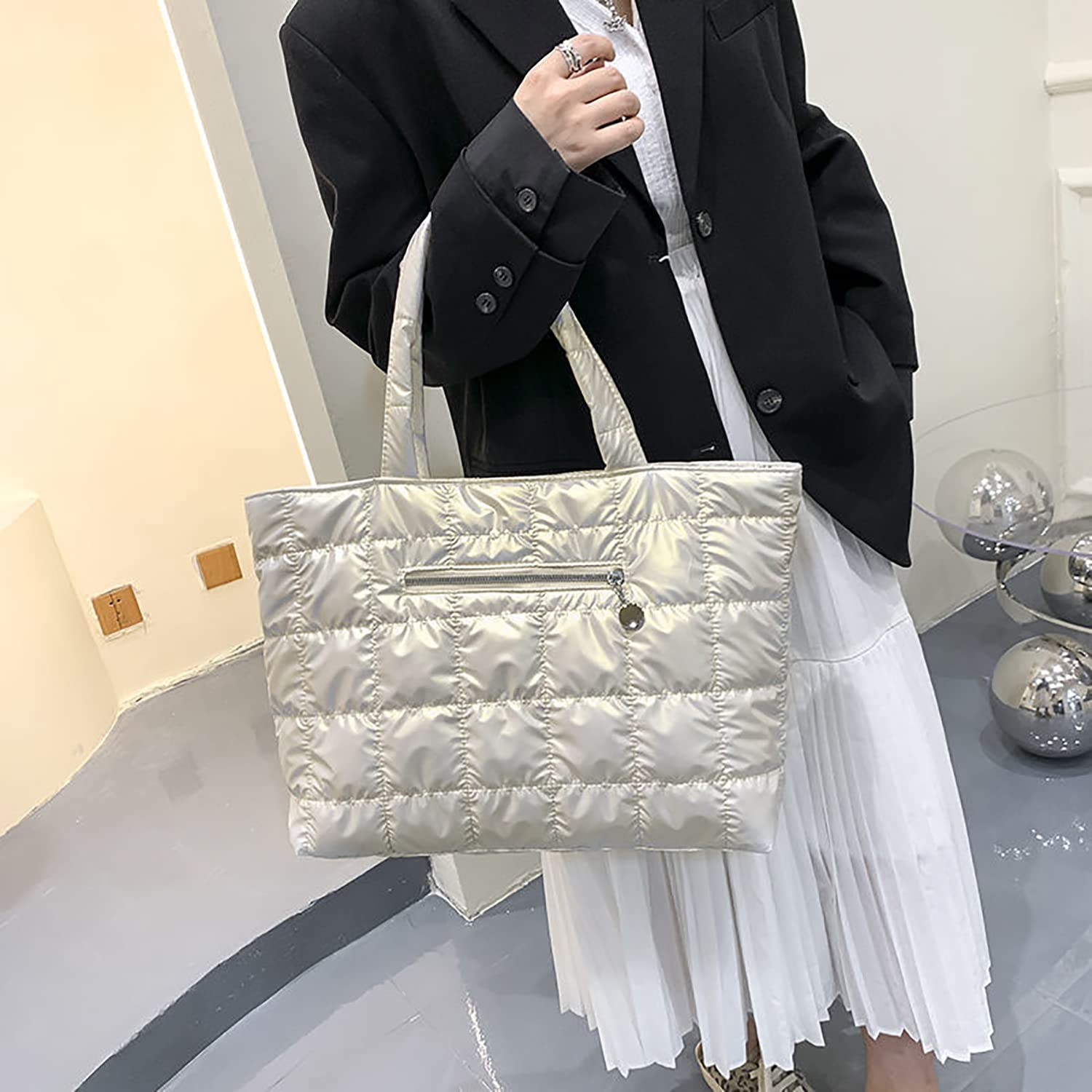 Qvenou Large Puffer Tote Bag for Women Lightweight Quilted Handbag Down Cotton Padded Shoulder Bag Large Capacity Down Padding Tote Bag-Off-white