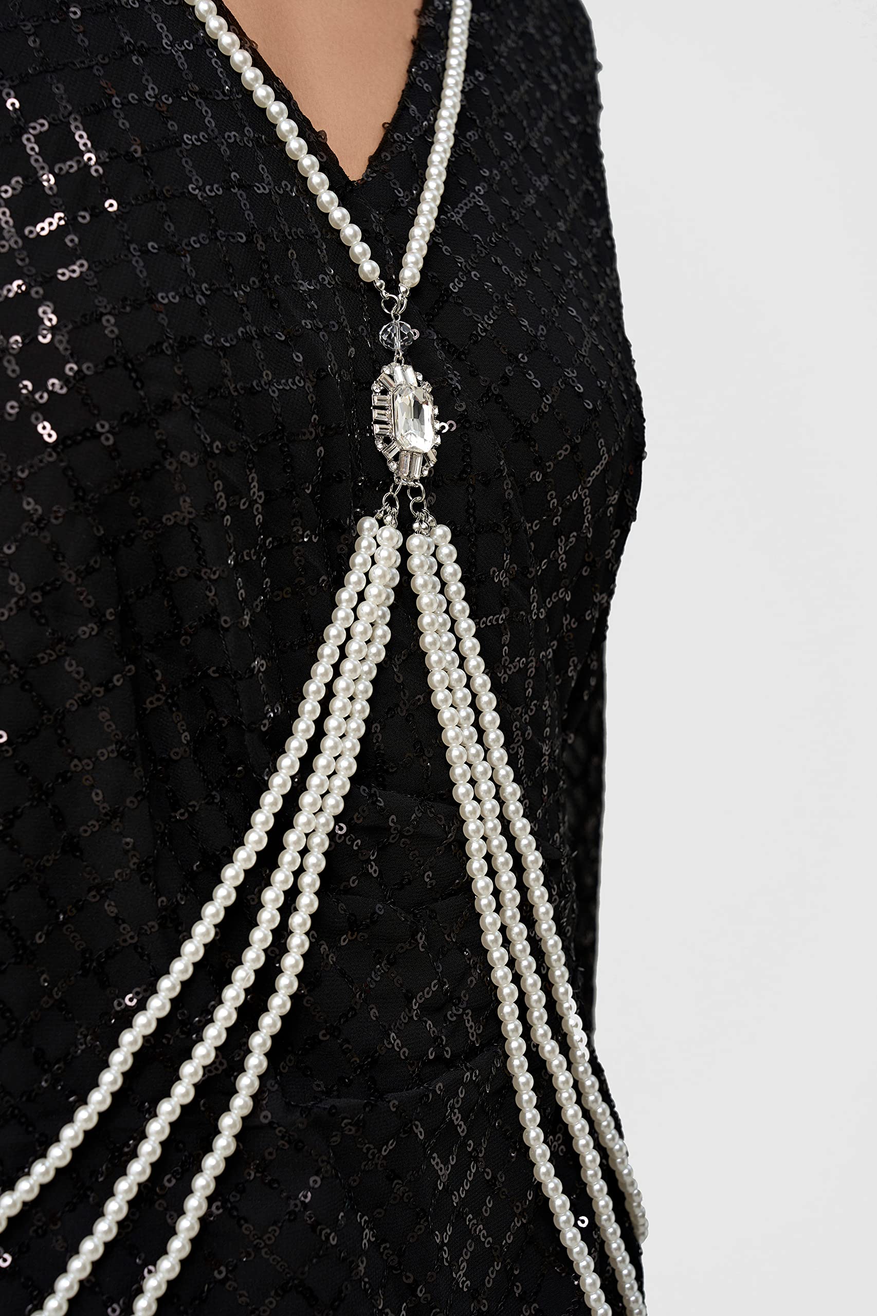 BABEYOND 1920s Pearl Body Chain for Evening Party Crystal Gatsby Imitation Pearl Body Chain for Flapper Costume