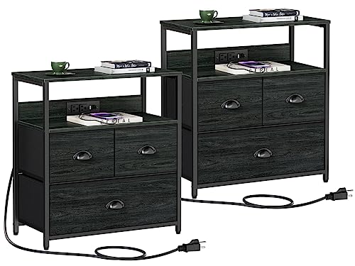 Furnulem Nightstand Set of 2, End Table with Charging Station, Industrial Bedside Tables with USB Ports & Power Outlets, 3 Fabric Drawer Dresser with Shelf for Bedroom, Living Room, Black Oak