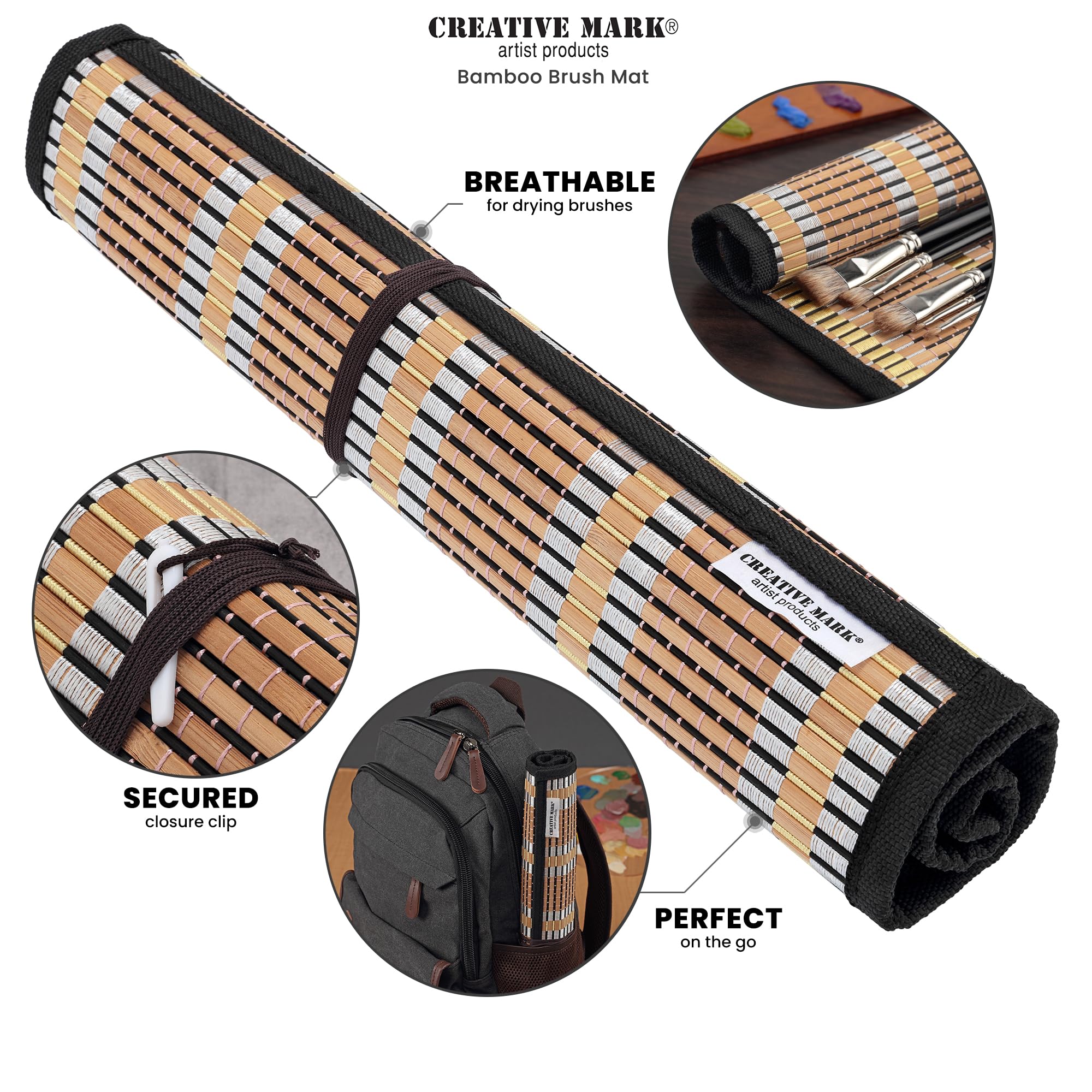 Creative Mark Paint Brush Roll Up Case - Bamboo Brush Mat with Tie Closure, 8 Large Pockets for Short and Long Handle Brushes, Breathable Design for Artists, Teachers, Students