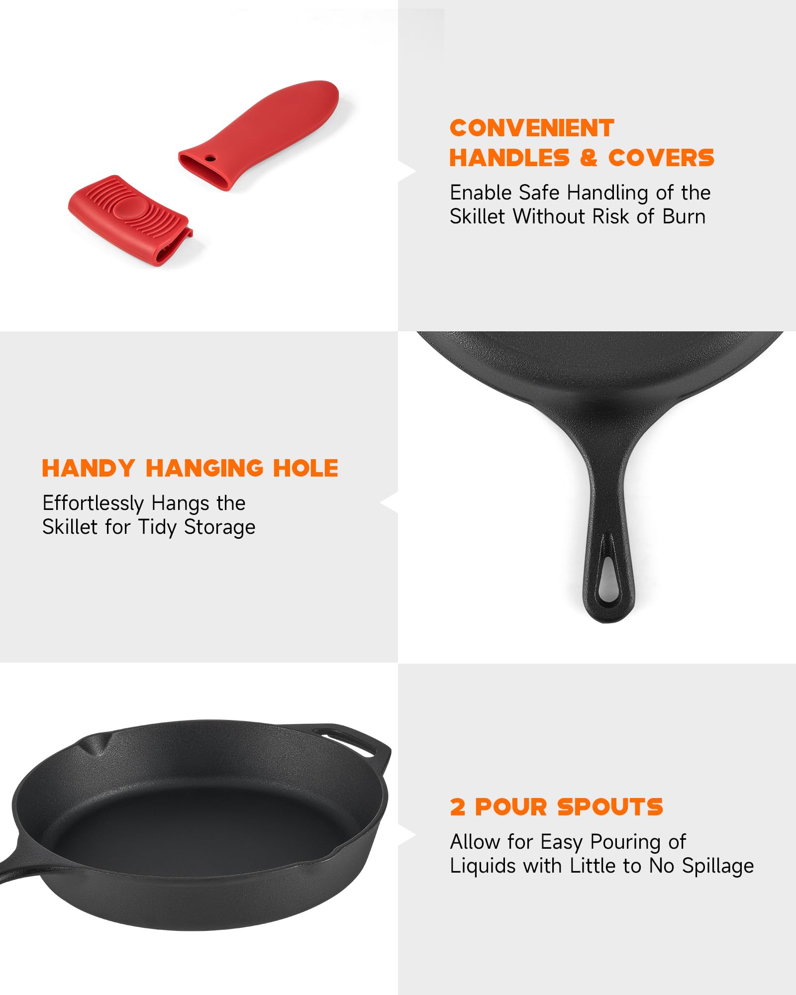 DARTMOOR Pre-Seasoned Cast Iron Skillet, 12 in Cast Iron Frying Pan with Handle, Protective Covers, & Pour Spouts, Safe Grill Cookware with Non-Stick Surface, Cast Iron Pan for Indoor & Outdoor Use